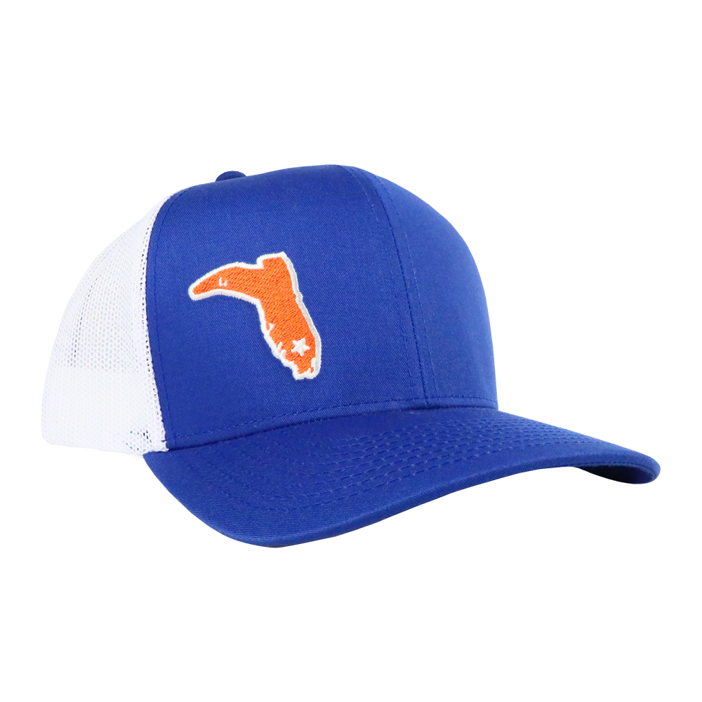 6 PANEL ROYAL BLUE ON WHITE WITH ORANGE BOOT – Florida Cracker Style