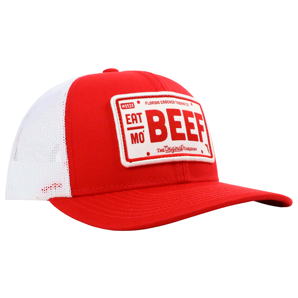 EAT MO' BEEF PATCH- RED/WHITE TRUCKER HAT – Florida Cracker Style
